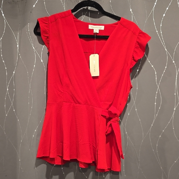 Monteau | Tops | Monteau Red Wrap Peplum Blouse With Cap Sleeves | Poshmark
